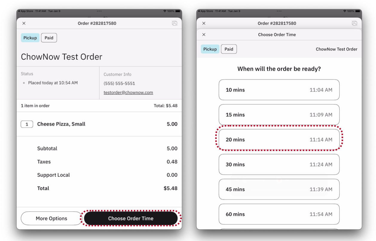 How do I adjust the 'order time' for incoming orders? - ChowNow
