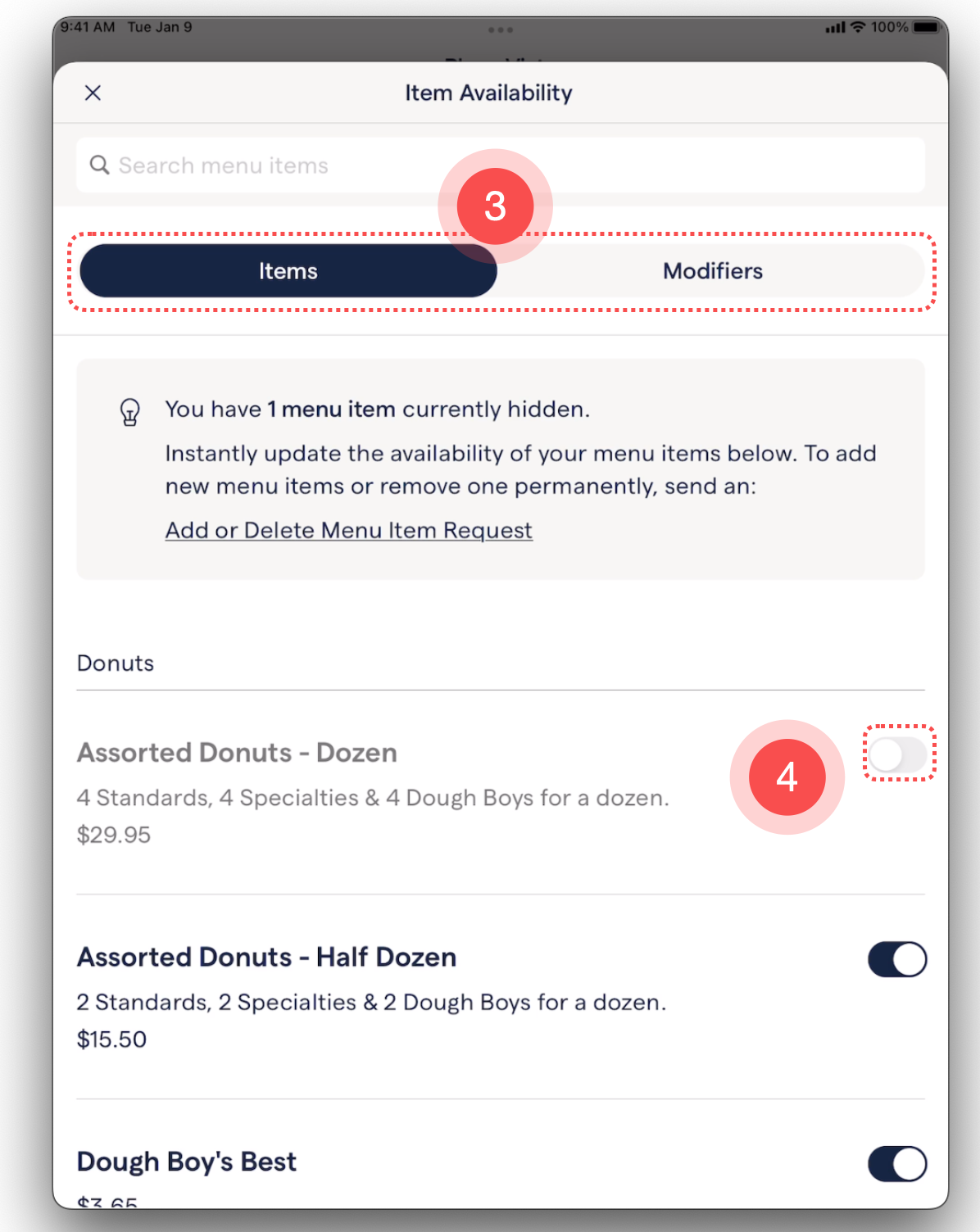How do I use the ChowNow Business Manager app to update a menu item's ...
