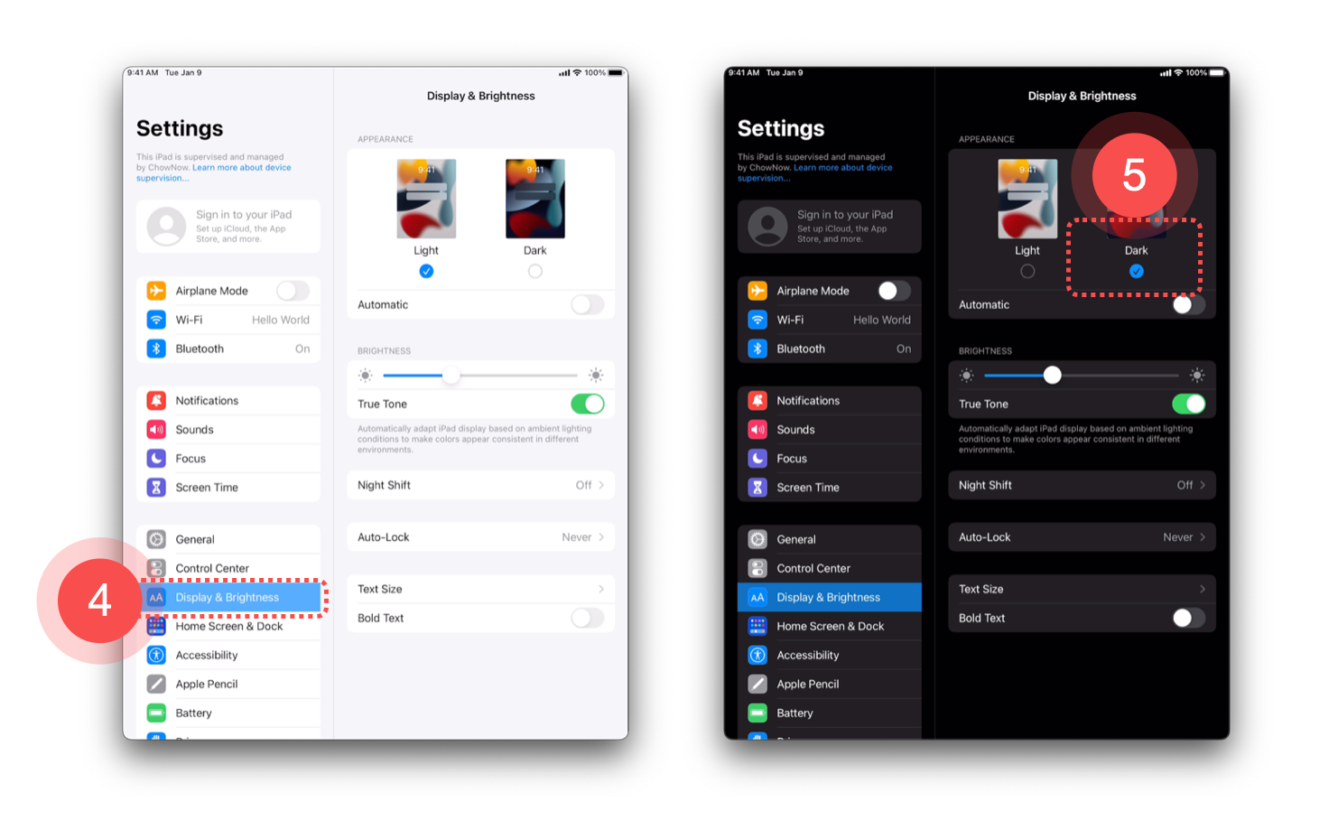 How do I switch the tablet into dark mode? - ChowNow